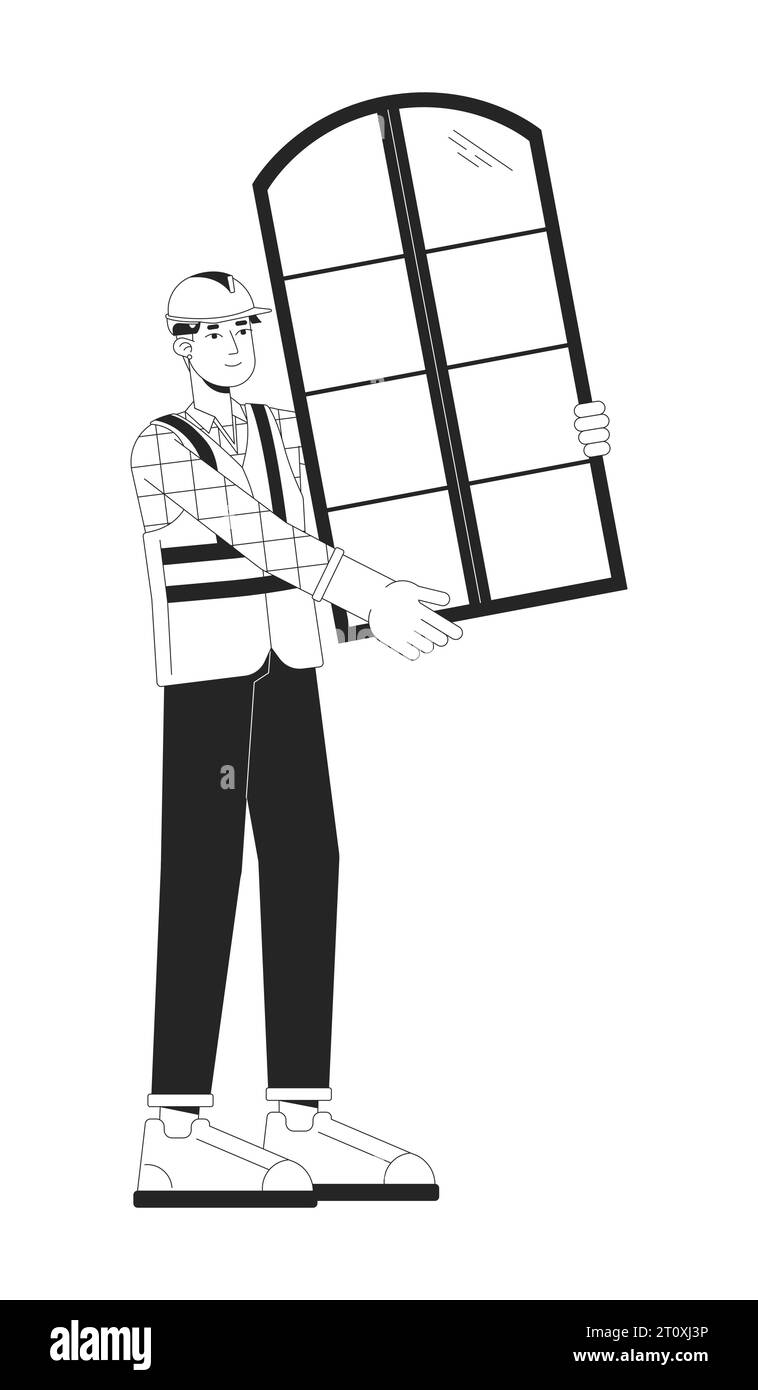 Caucasian construction worker holding window black and white 2D line cartoon character Stock ...