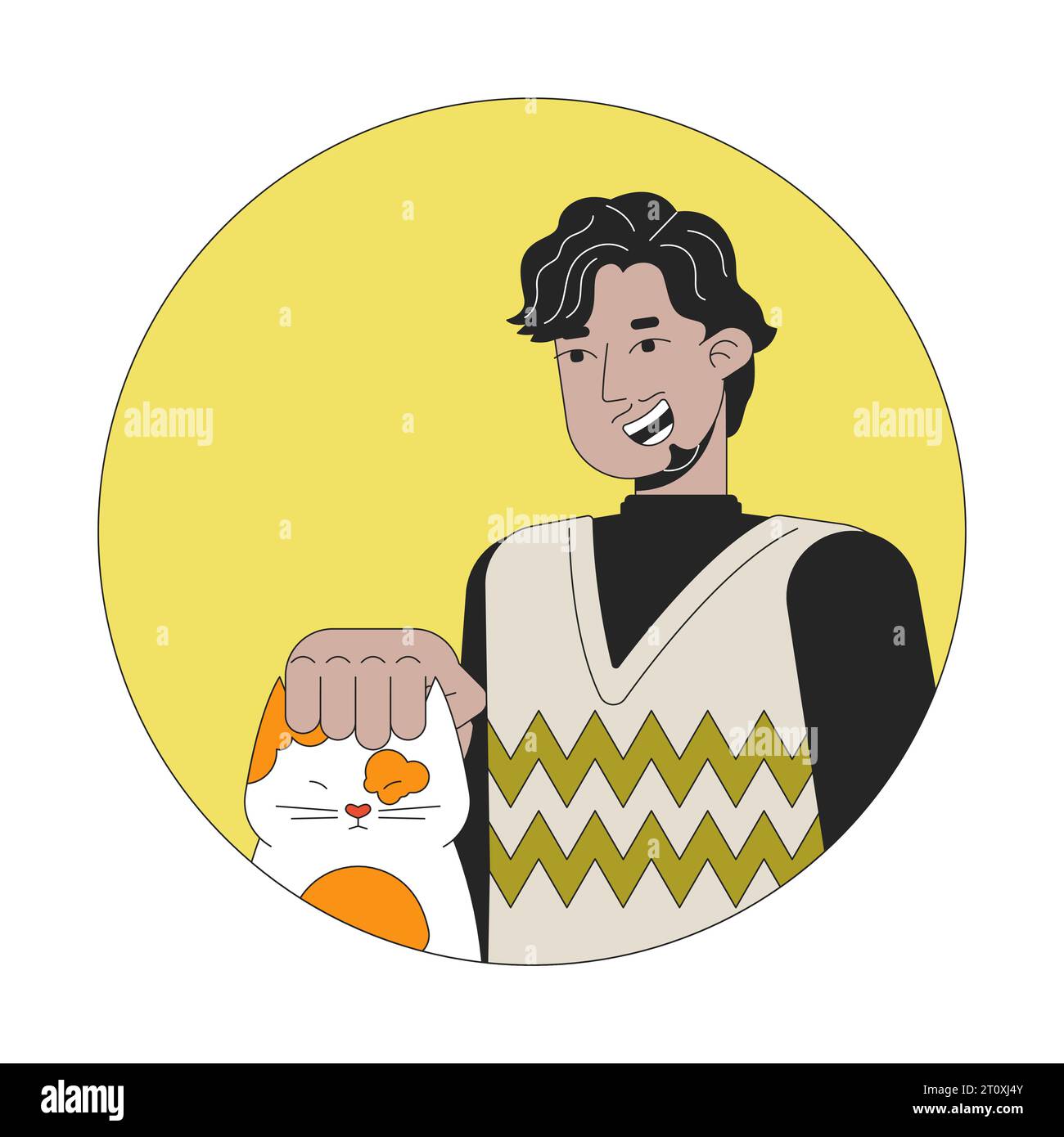 Bearded indian man petting cat 2D line vector avatar illustration Stock ...