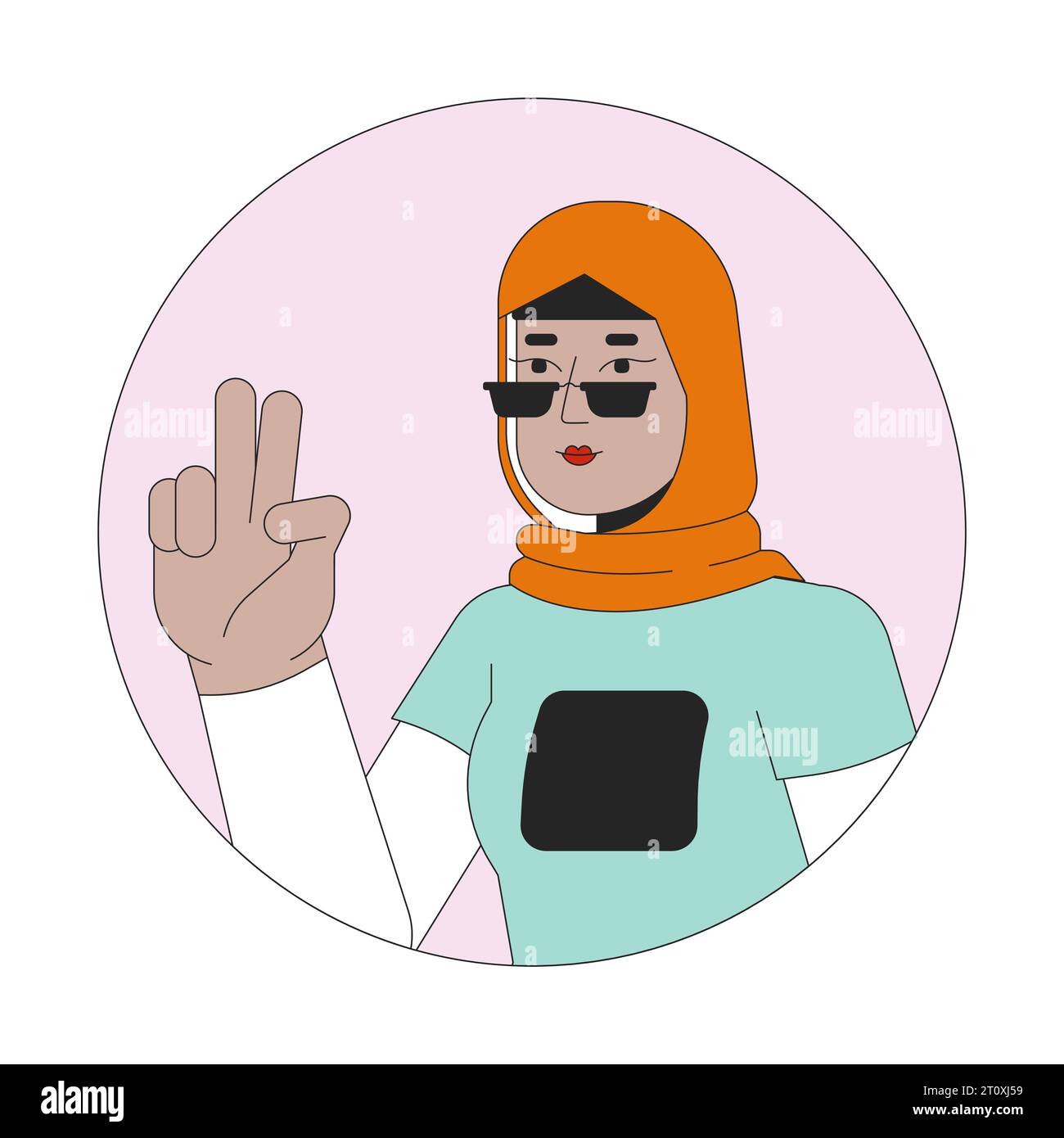 Stylish muslim woman showing victory sign 2D line vector avatar ...