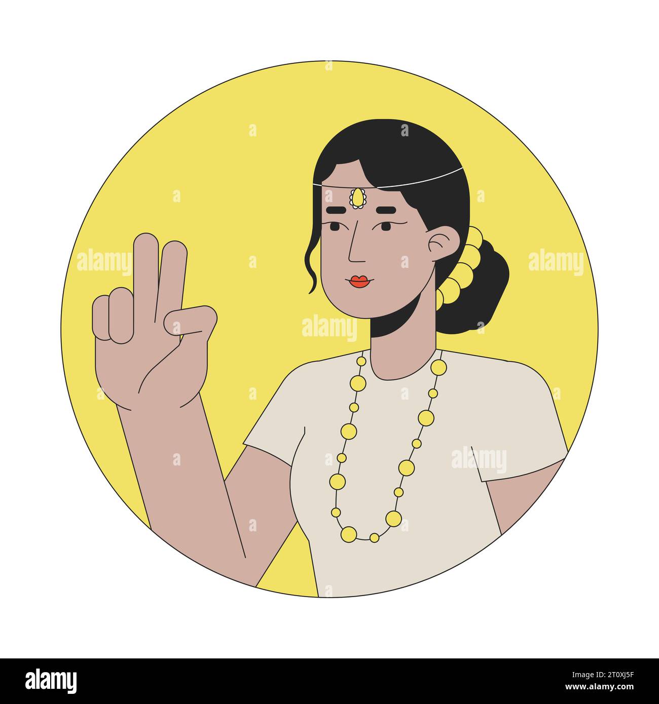Peace sign girl with indian head jewelry 2D line vector avatar ...