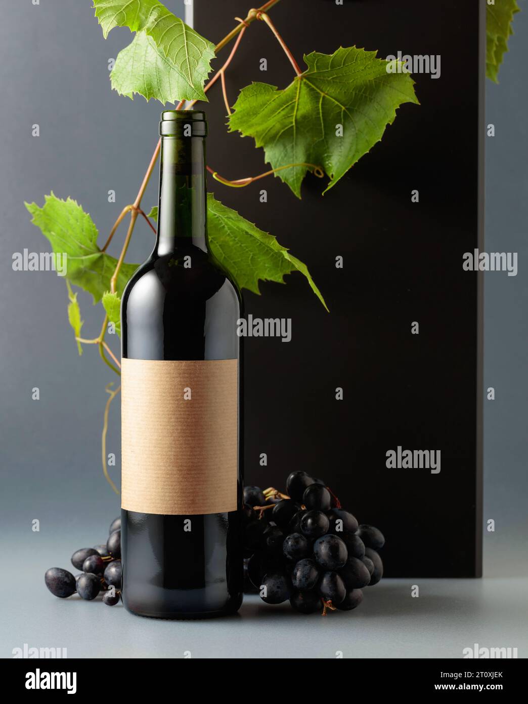 Bottle of red wine with blue grapes and vine branches. On a bottle old ...