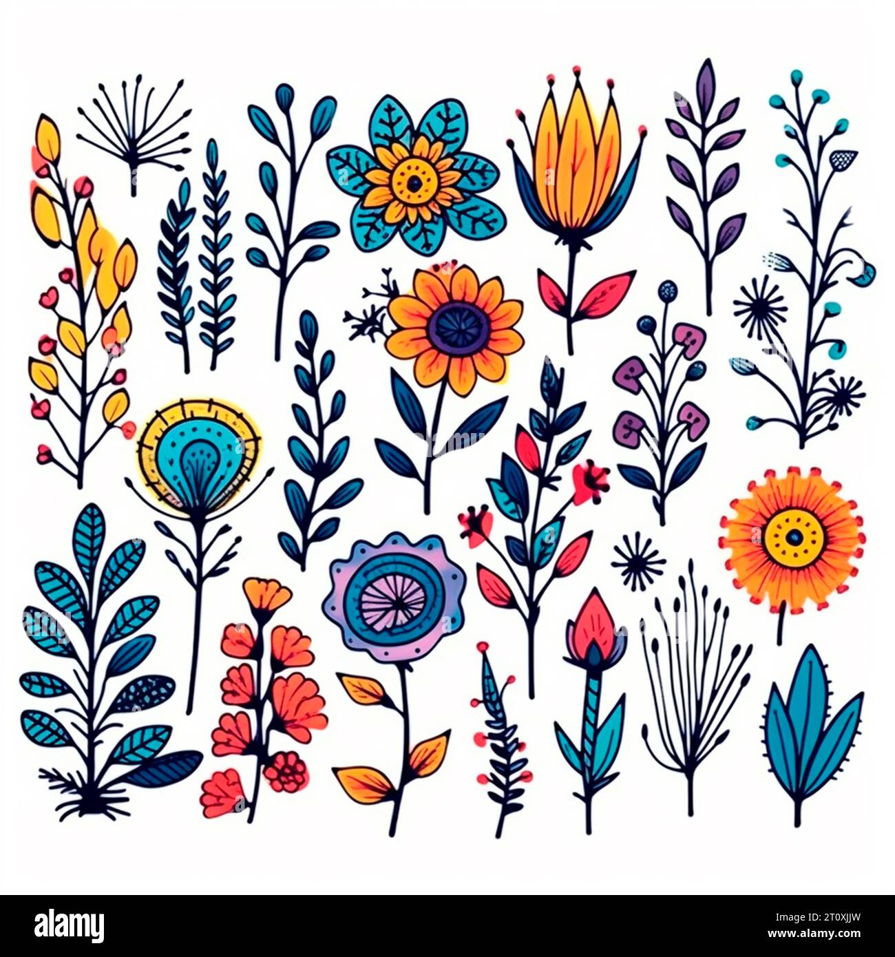 Color drawings of flowers and plants, hand drawings - image Stock Photo ...