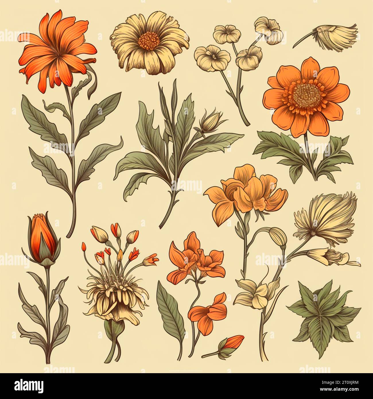 Color drawings of flowers and plants, hand drawings - image Stock Photo ...