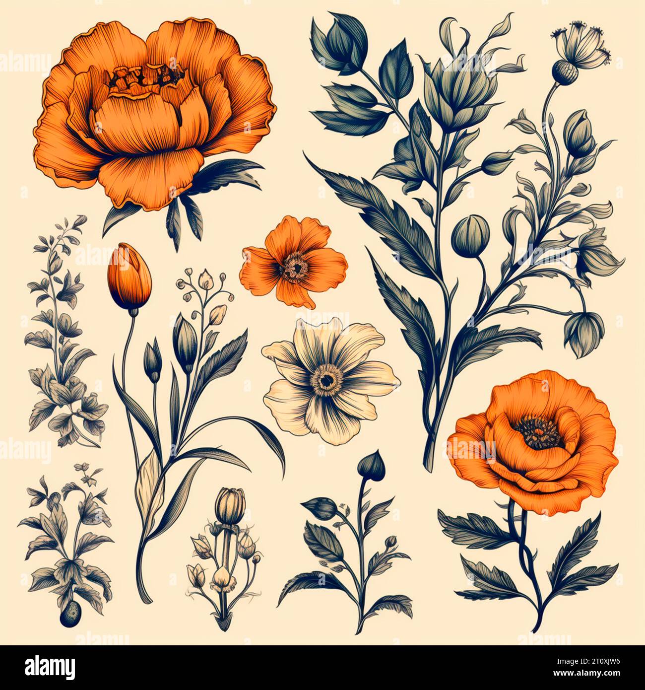 Color drawings of flowers and plants, hand drawings - image Stock Photo ...
