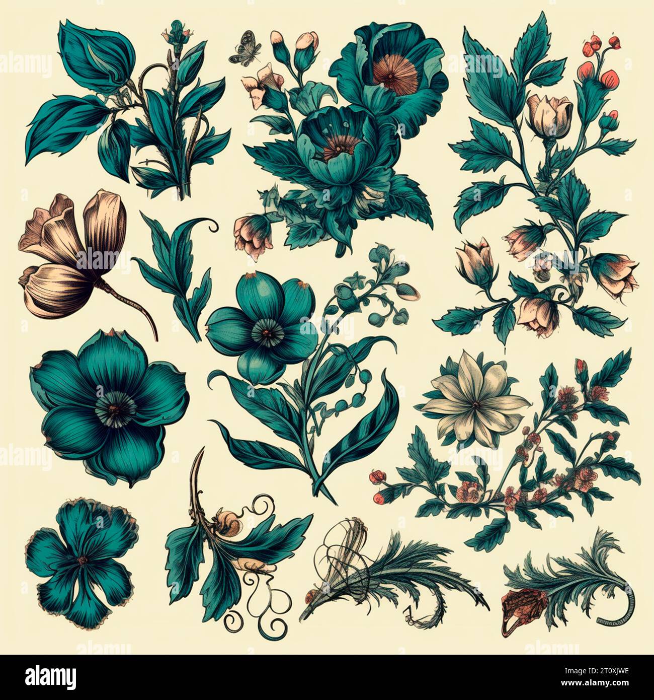 Color drawings of flowers and plants, hand drawings - image Stock Photo ...