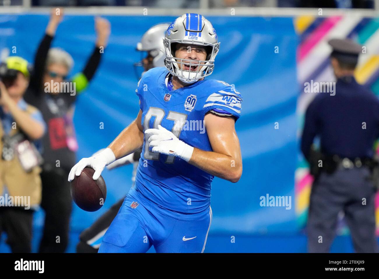 Detroit Lions tight end Sam LaPorta reacts after a touchdown during the ...