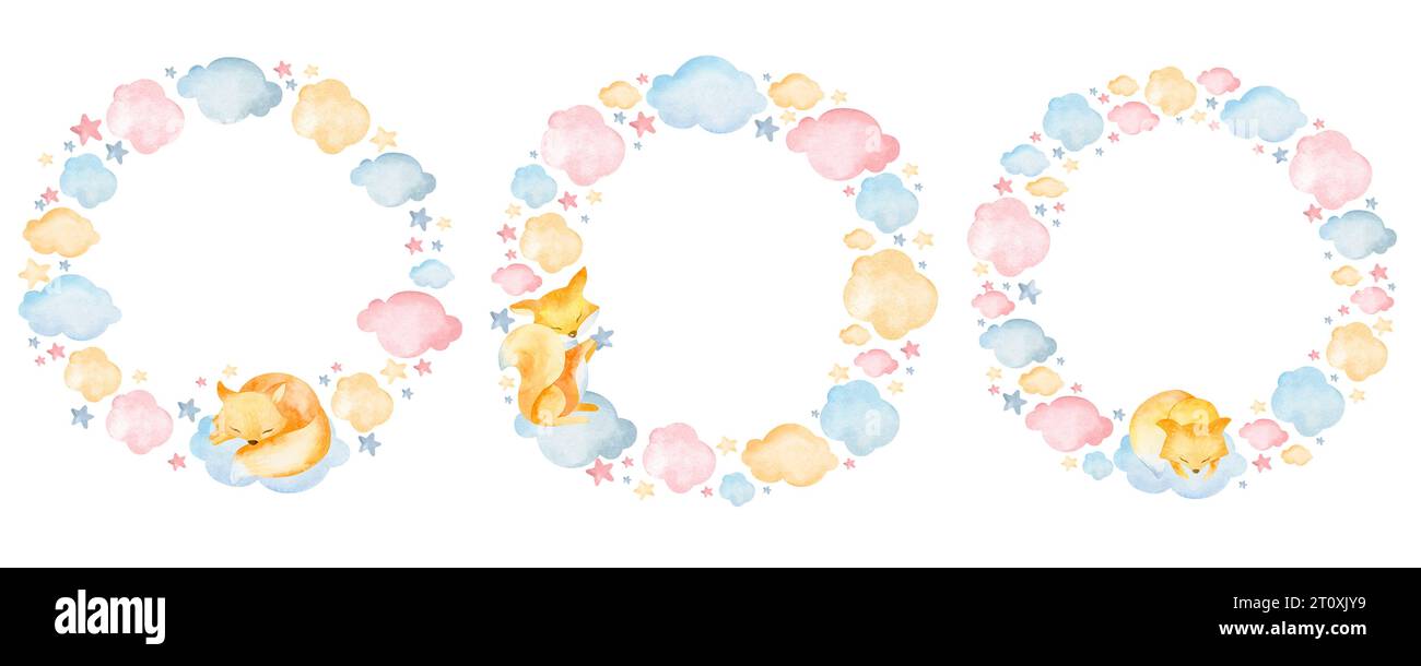 Children's round frame in cartoon style. Round frame with clouds, fox ...