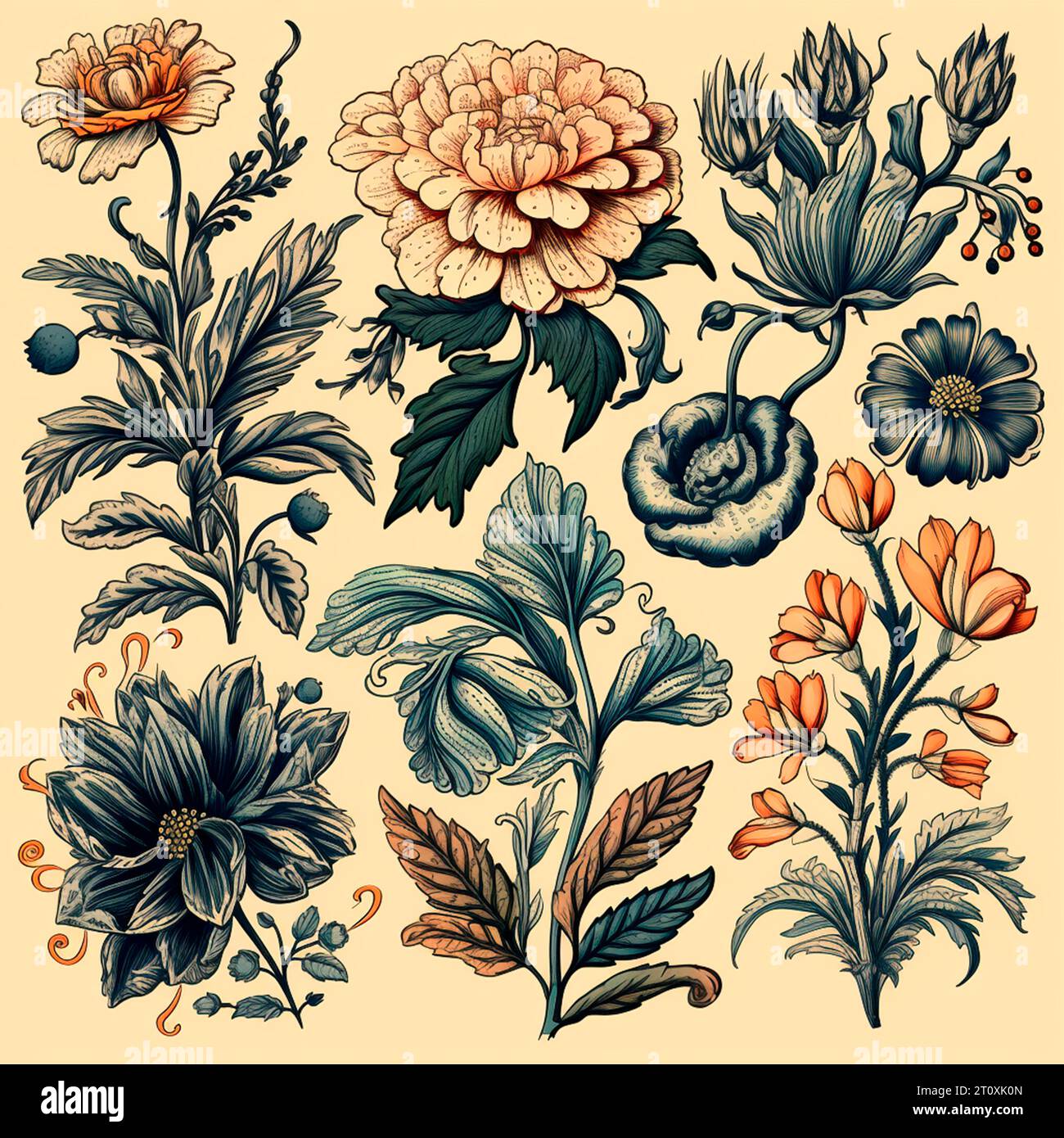 Color drawings of flowers and plants, hand drawings - image Stock Photo ...