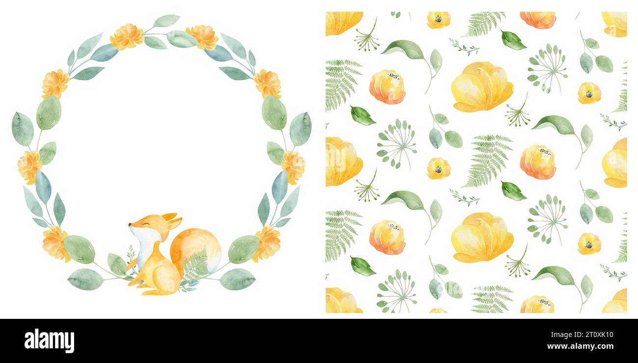 Baby frame template and seamless pattern for kids. A set of watercolor ...