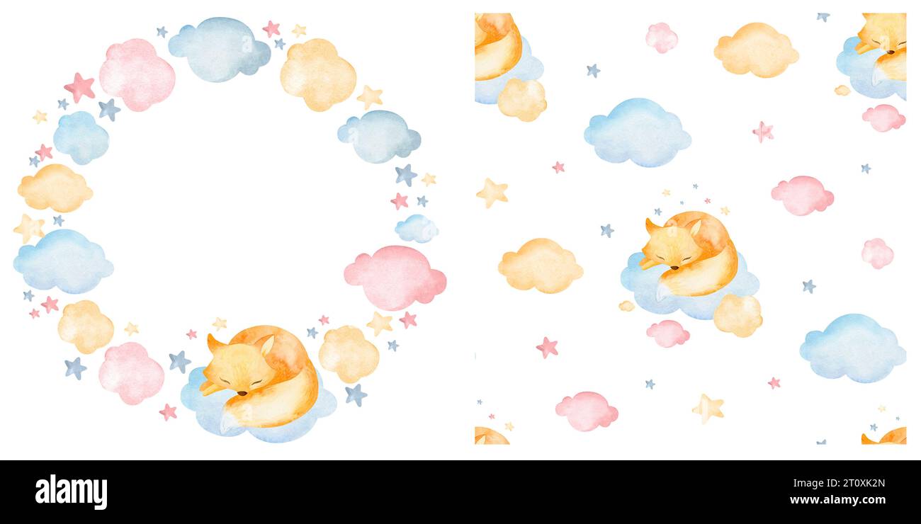 Baby frame template and seamless pattern for kids. A set of watercolor ...