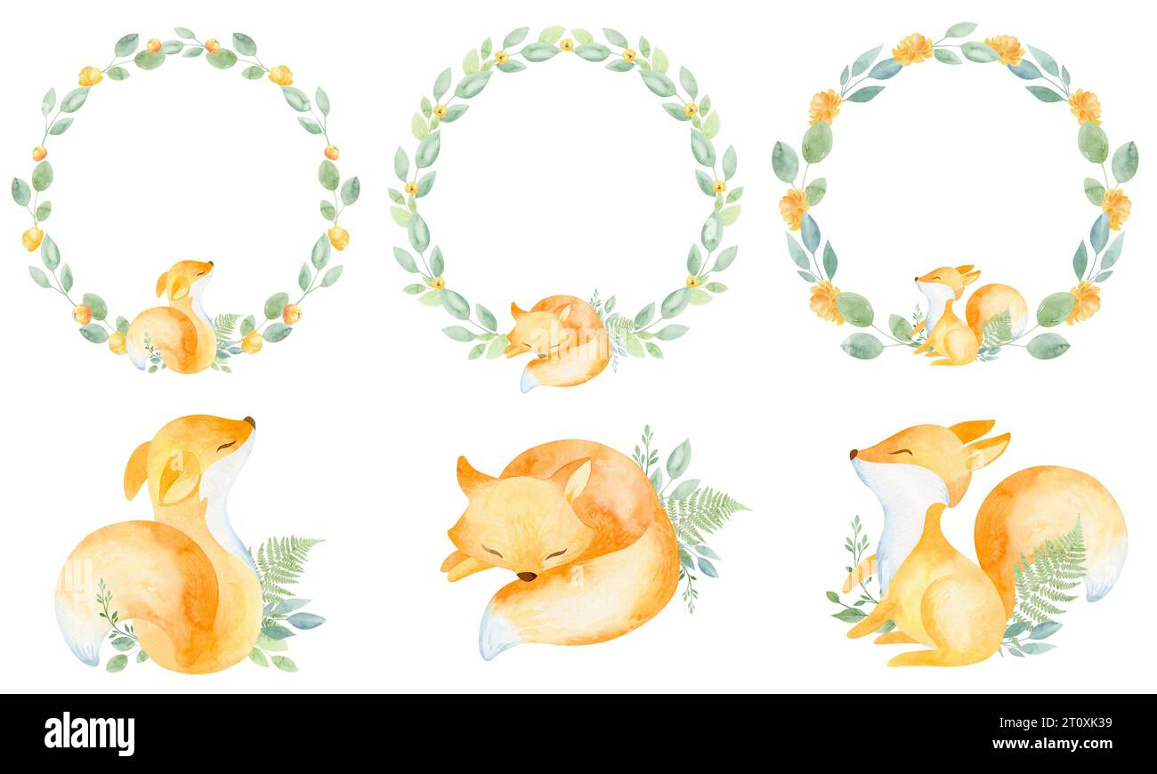 Children's round frame. Wreath of green leaves, fox, yellow flowers on ...