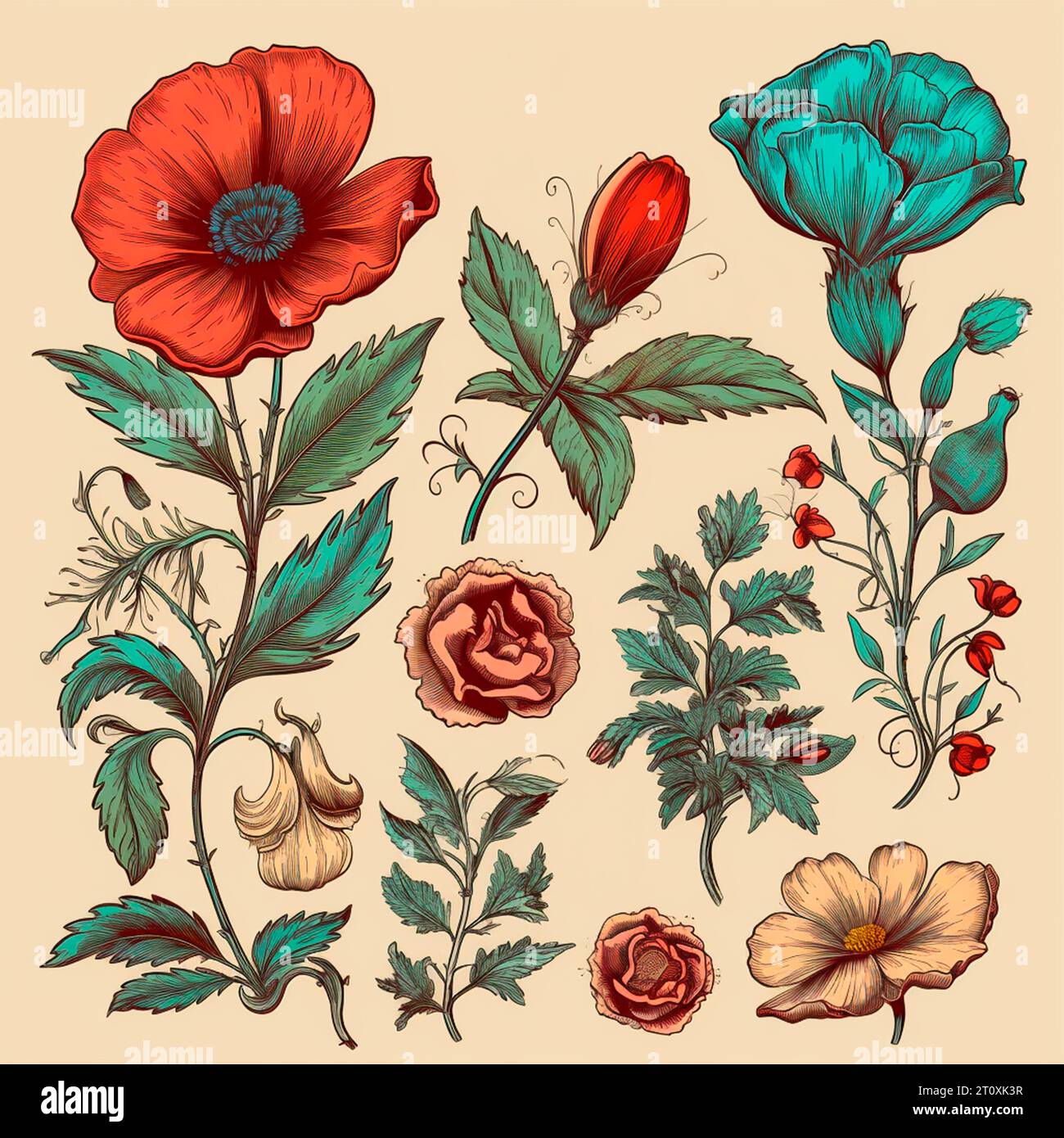Color drawings of flowers and plants, hand drawings - image Stock Photo ...