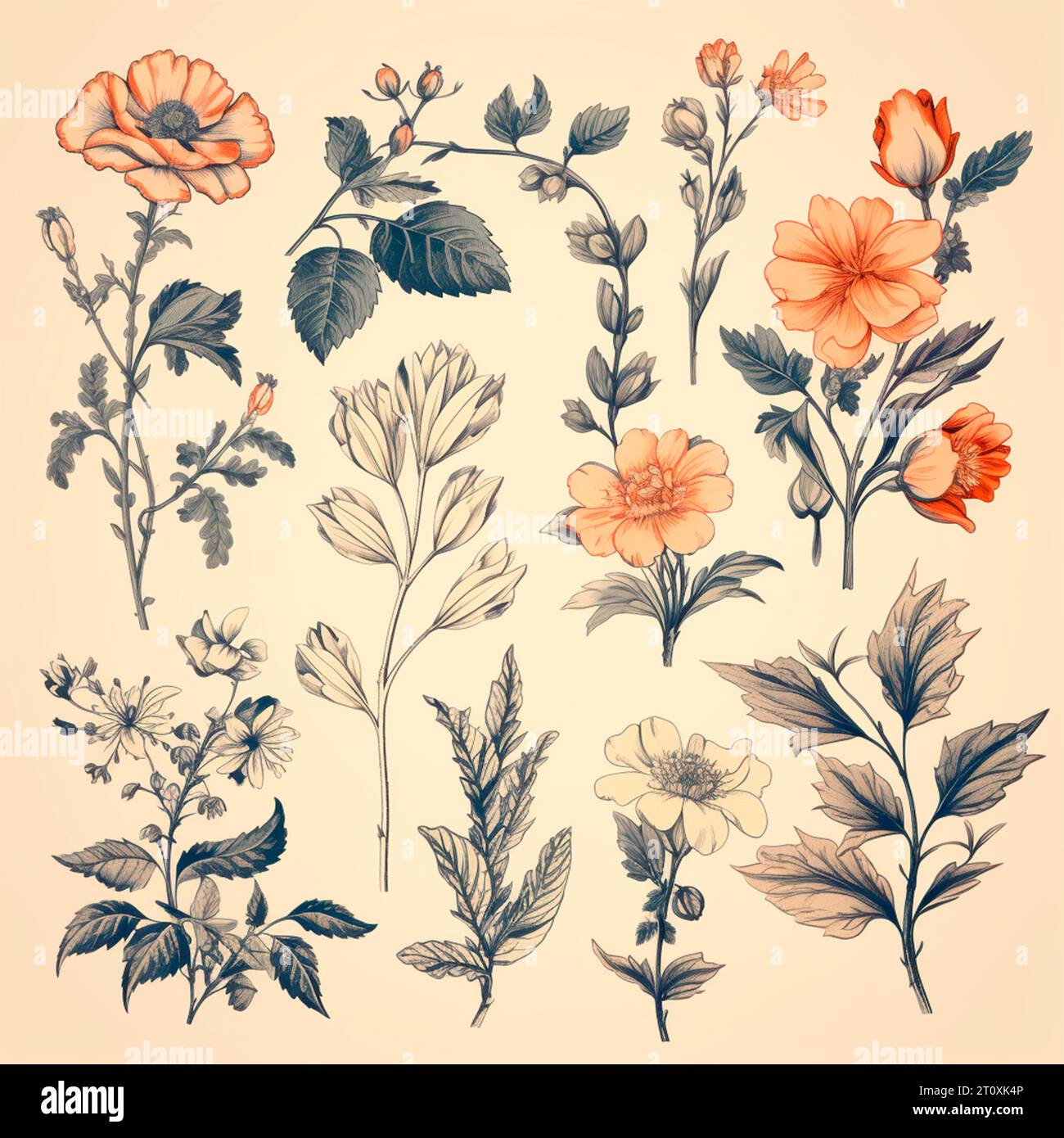 Color drawings of flowers and plants, hand drawings - image Stock Photo ...