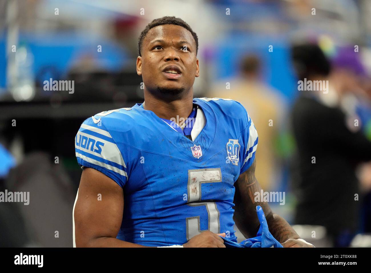 Detroit Lions running back David Montgomery is seen in the bench area ...