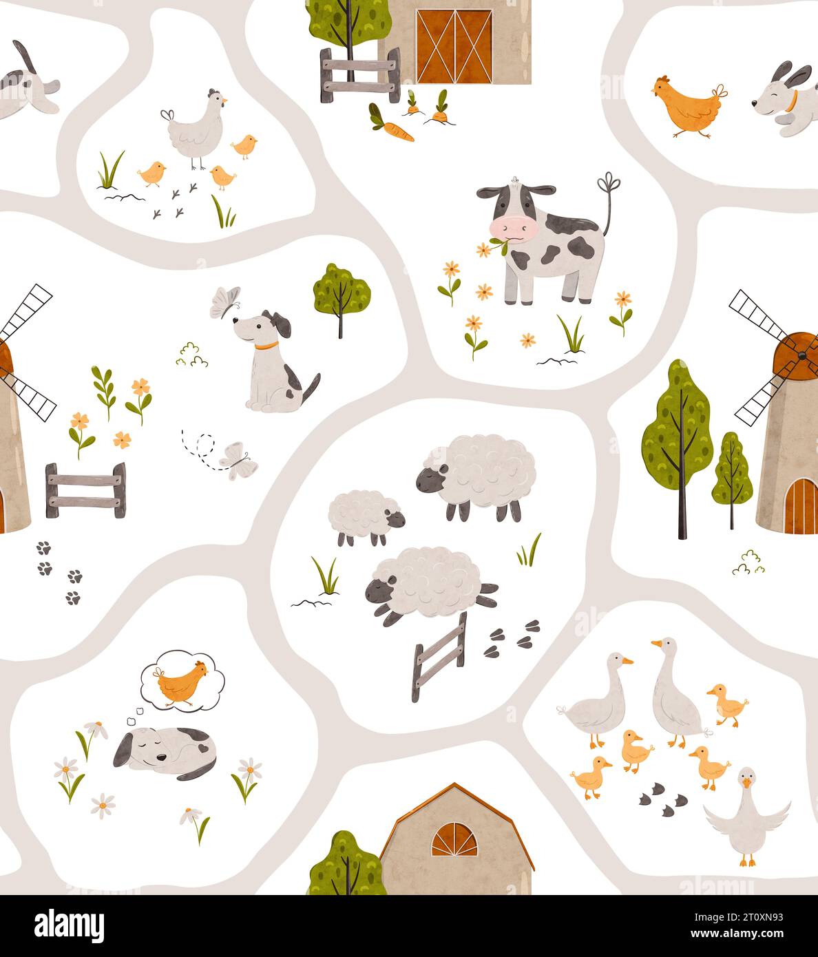 Cartoon Village map seamless pattern. Background of a farm with barn ...