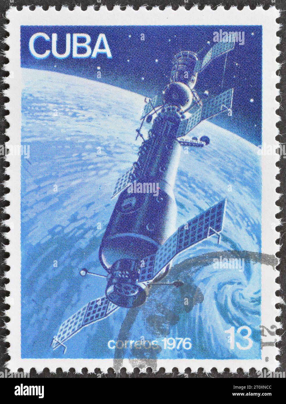 Cancelled postage stamp printed by Cuba, that shows Space station Salut ...