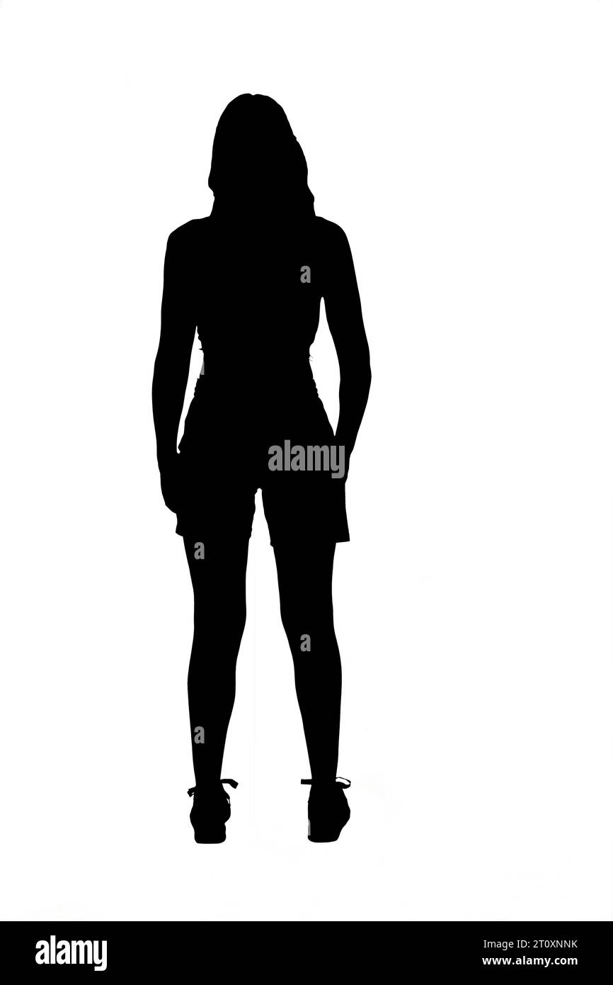 back view of a silhouette of a young girl in a top and shorts on white ...