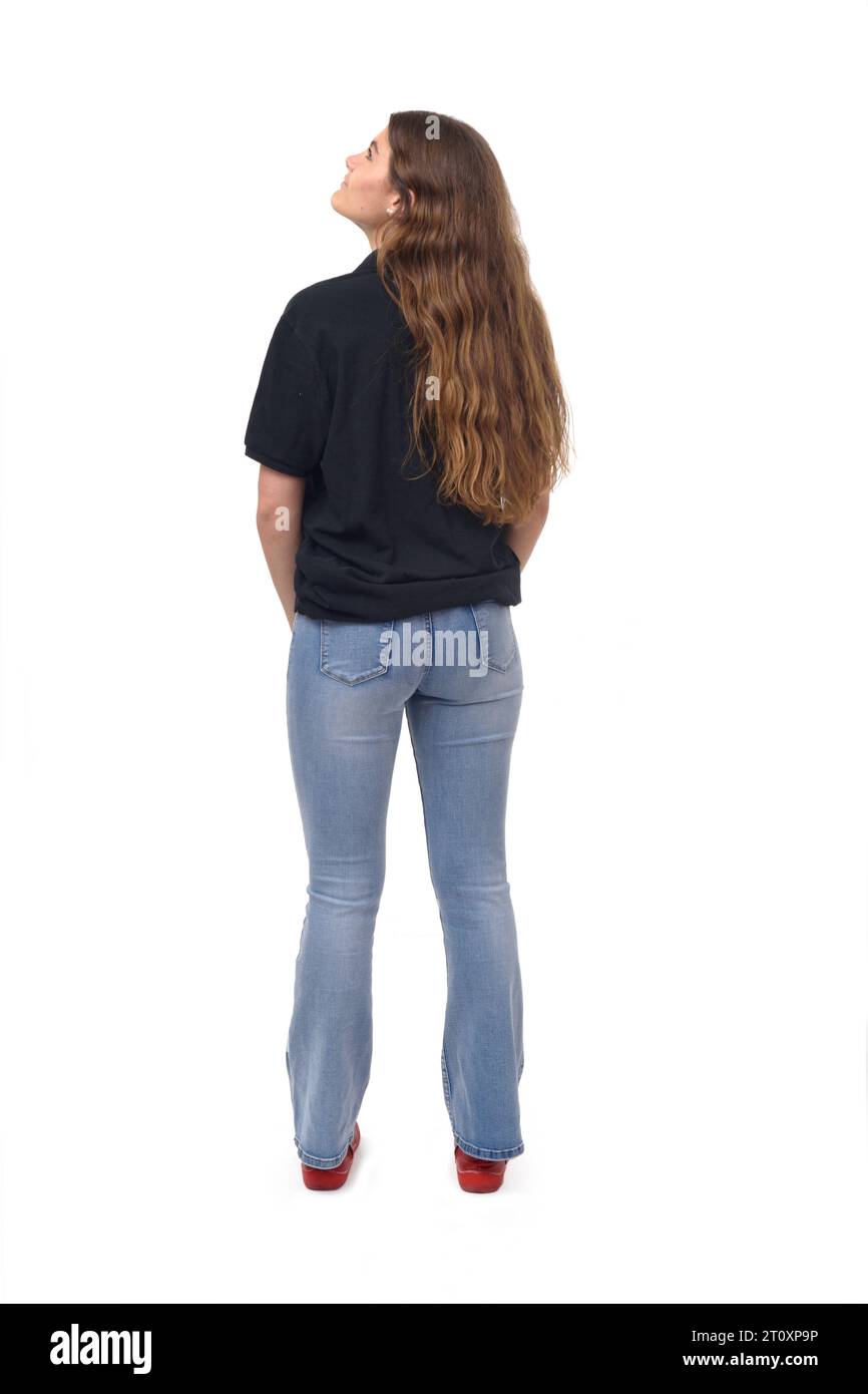 back view of young girl looking up on white background Stock Photo - Alamy