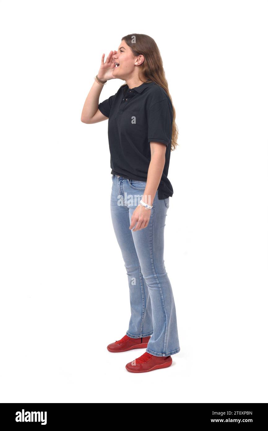 side view of a screaming young girl on white background Stock Photo - Alamy