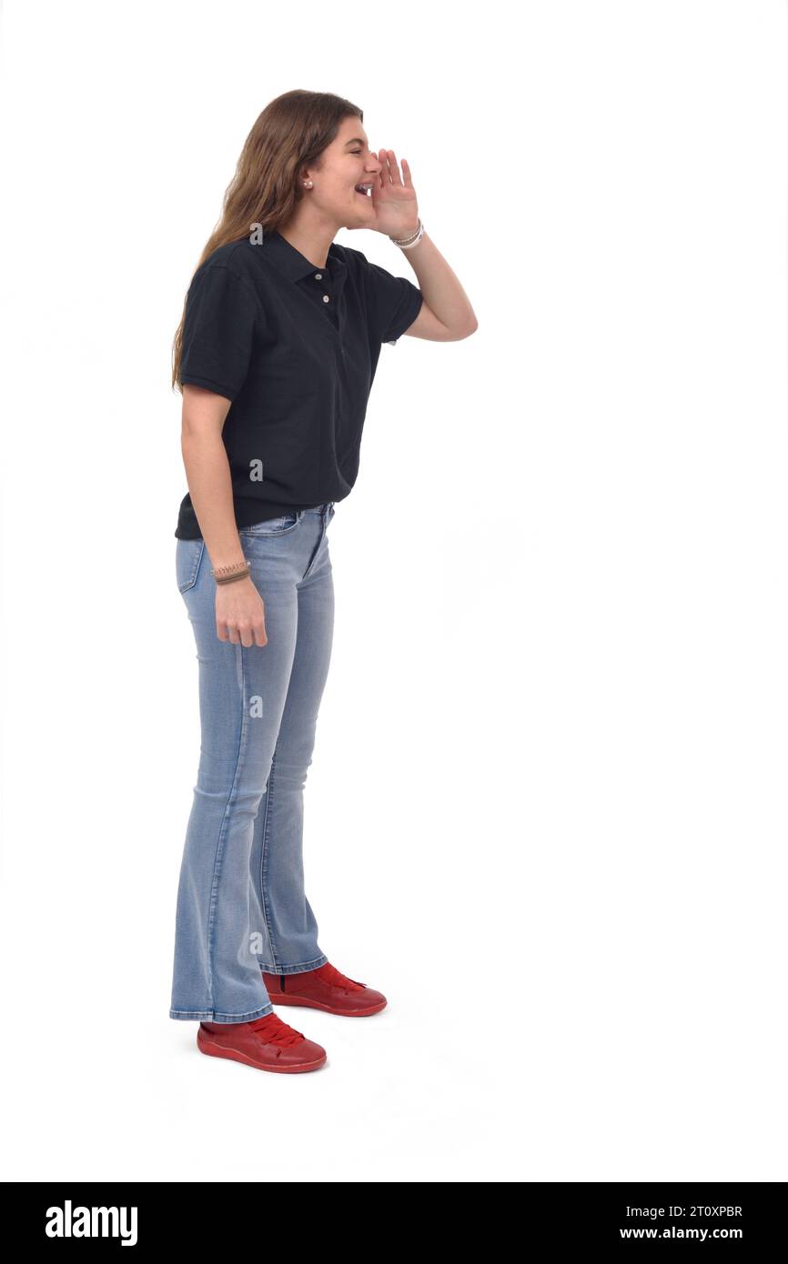 side view of a screaming young girl on white background Stock Photo - Alamy