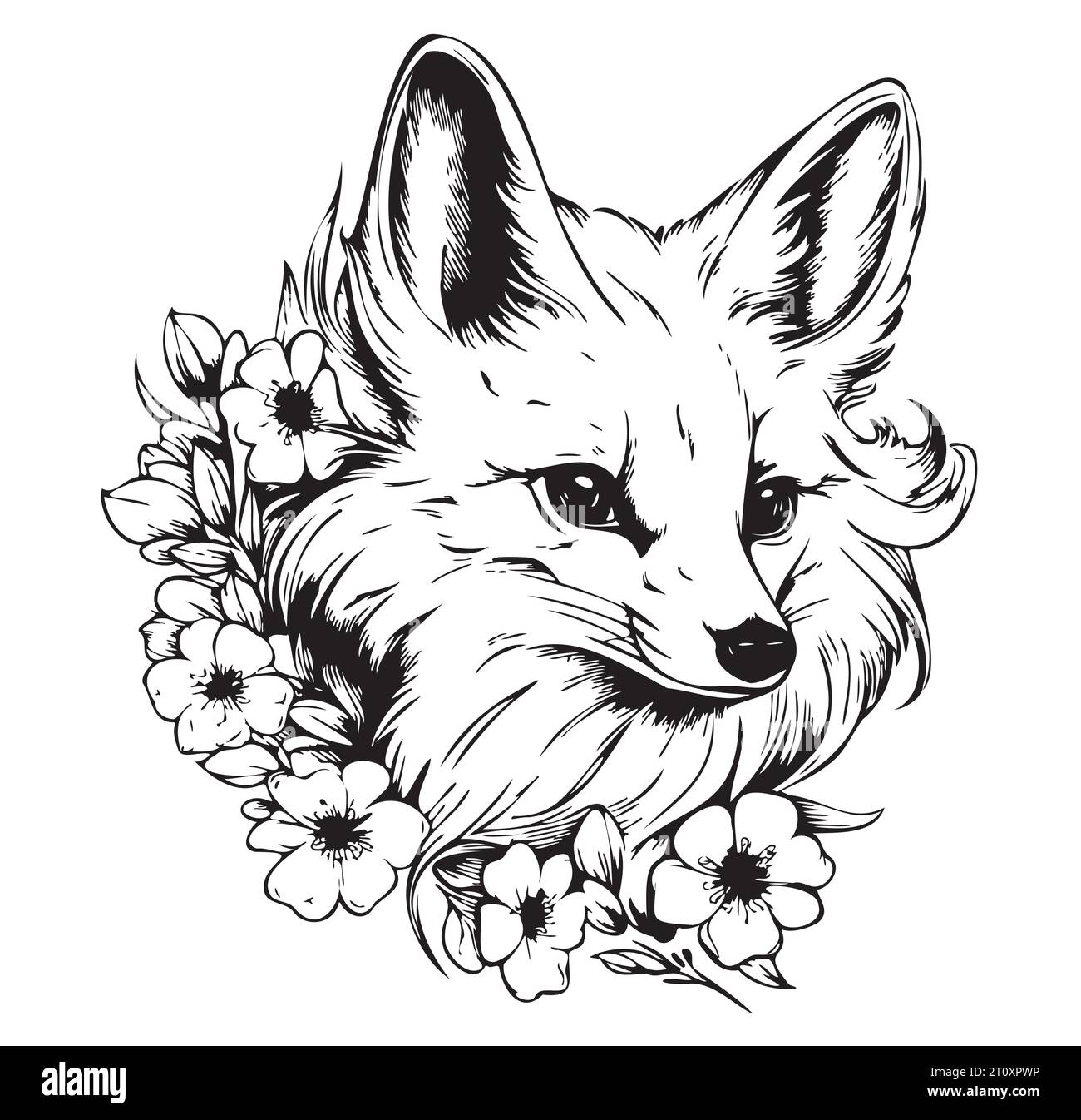 Fox head in flowers animal sketch hand drawn Vector illustration Wild ...
