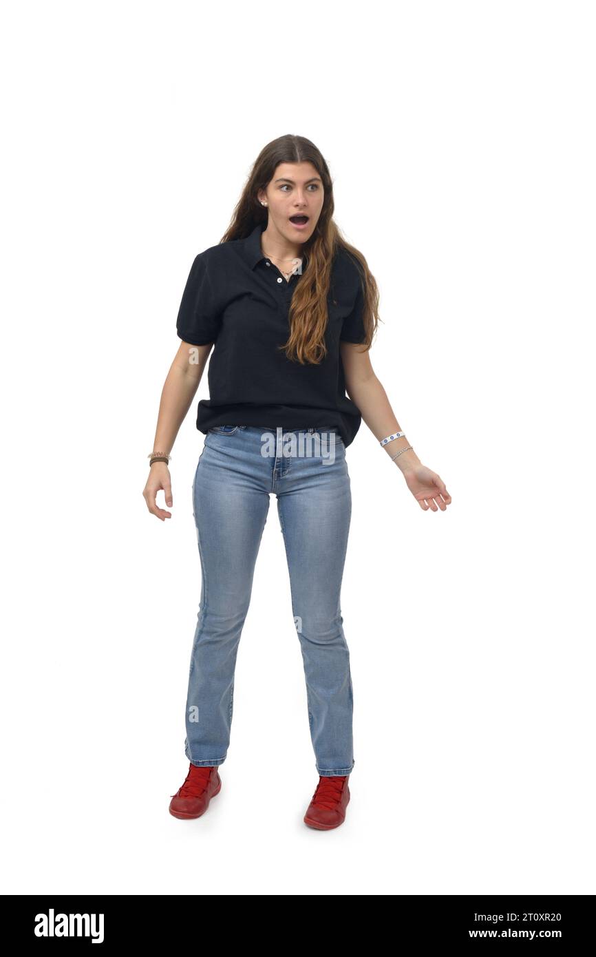 front view of a young girl look down and open mouth on white background ...