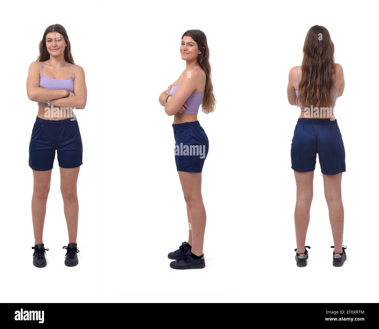 front ,side and back view of a young girl standing with arms crossed on ...