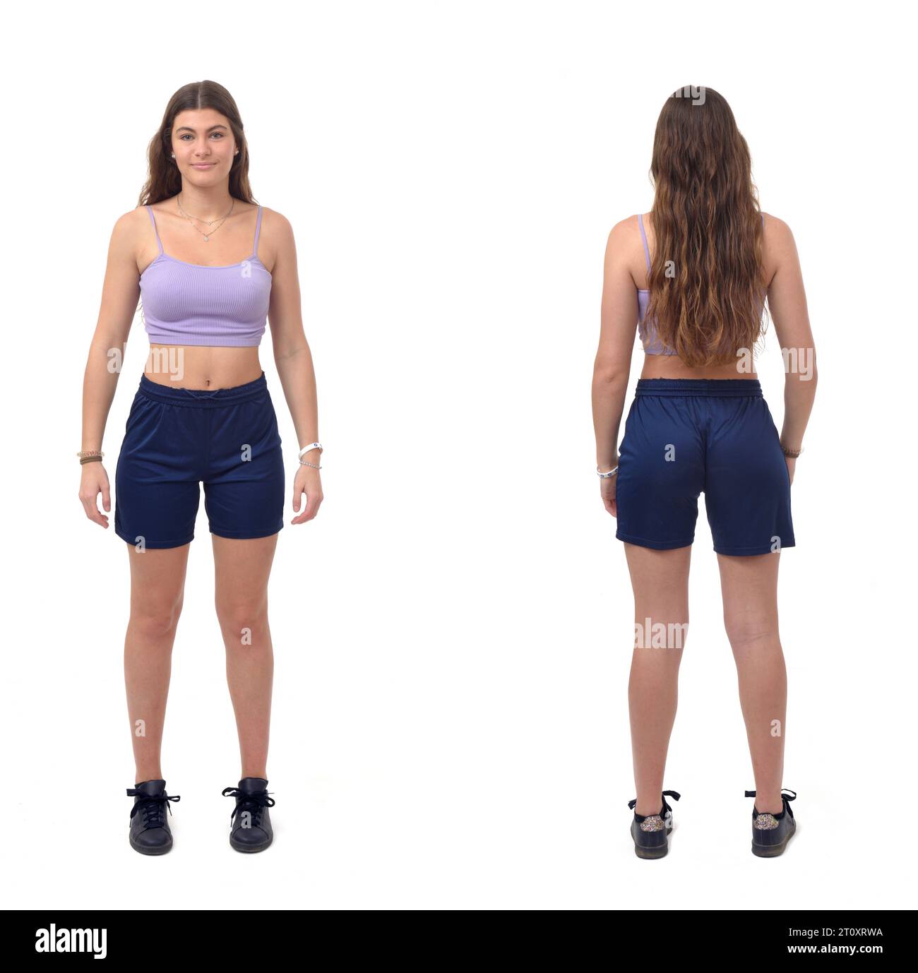 front and back view of a young girl standing on white background Stock ...