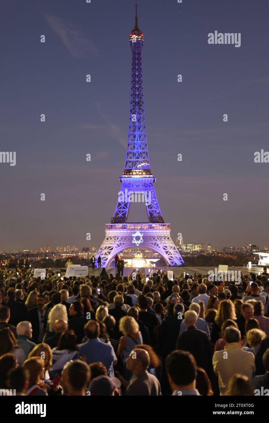 Paris, France. 09th Oct, 2023. The Eiffel Tower is illuminated with the ...