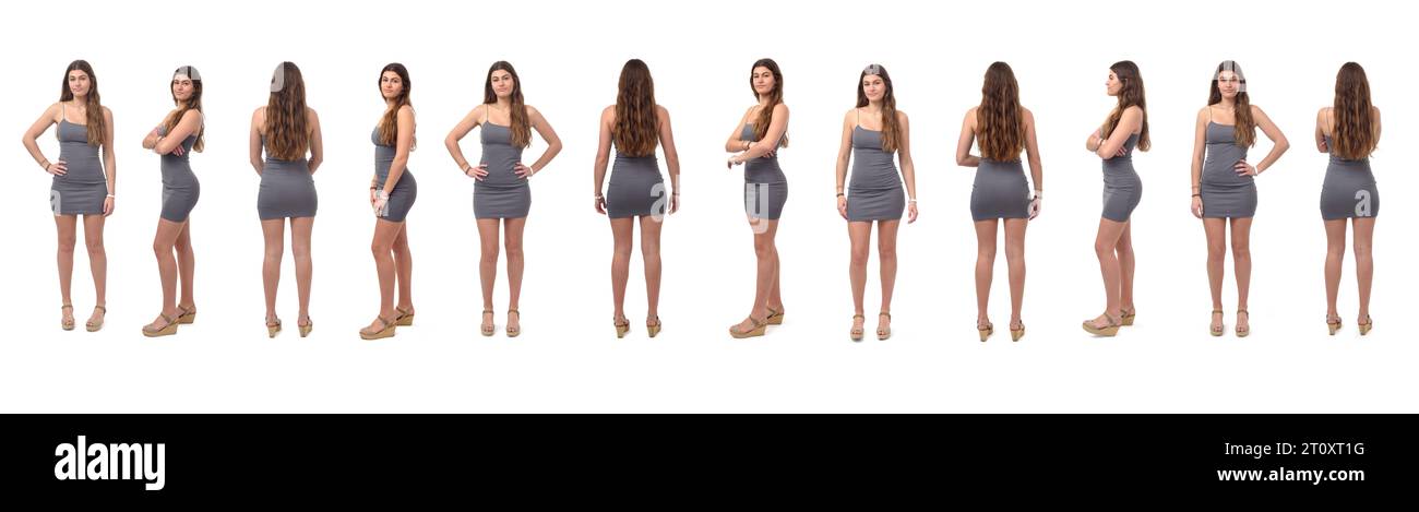 line of large group same young girl standing and various poses on white ...