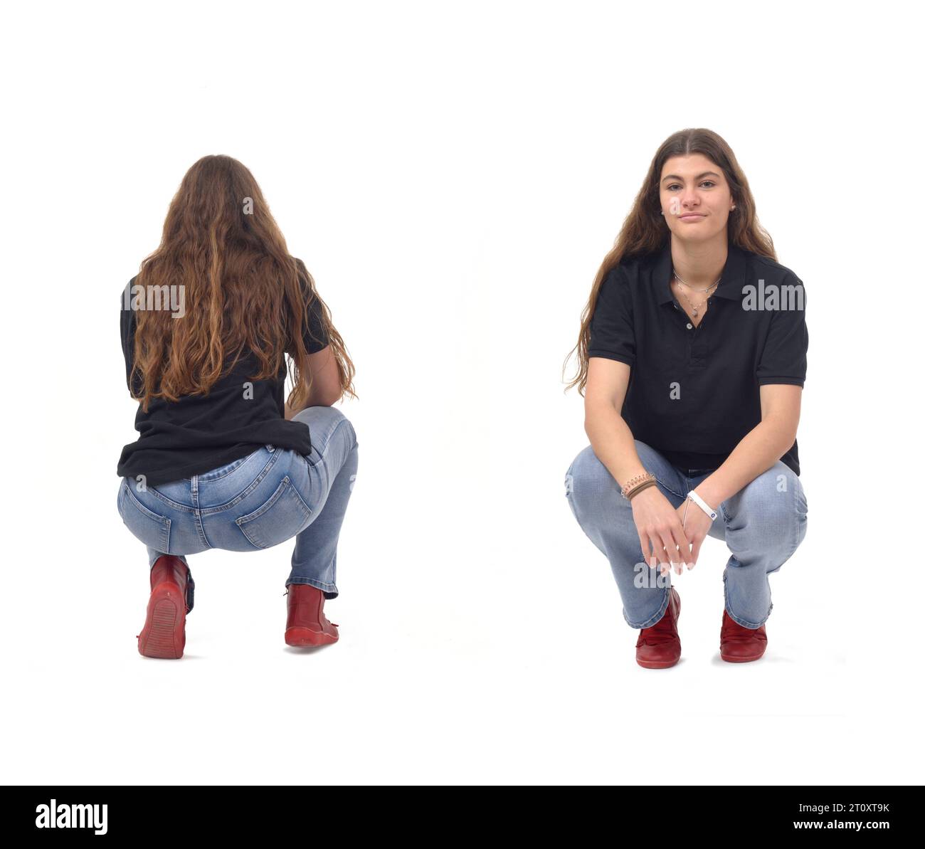 front and back view same young girl long-haired squatting on white ...