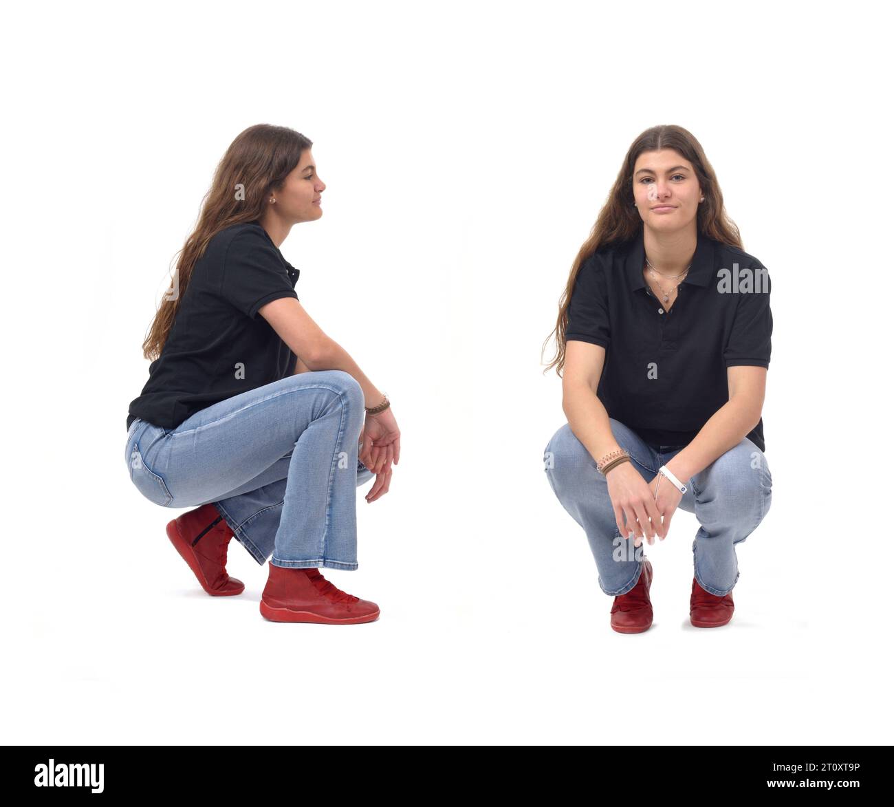 side and front view same young girl long-haired squatting on white ...
