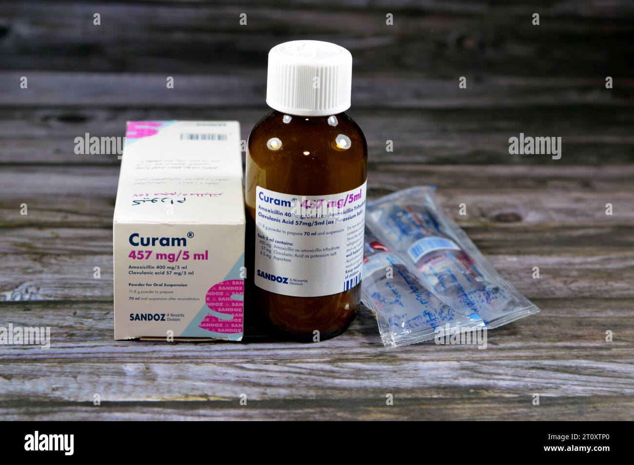Cairo, Egypt, October 1 2023: Curam 457 mg per 5 ml (Amoxycillin 400 mg ...