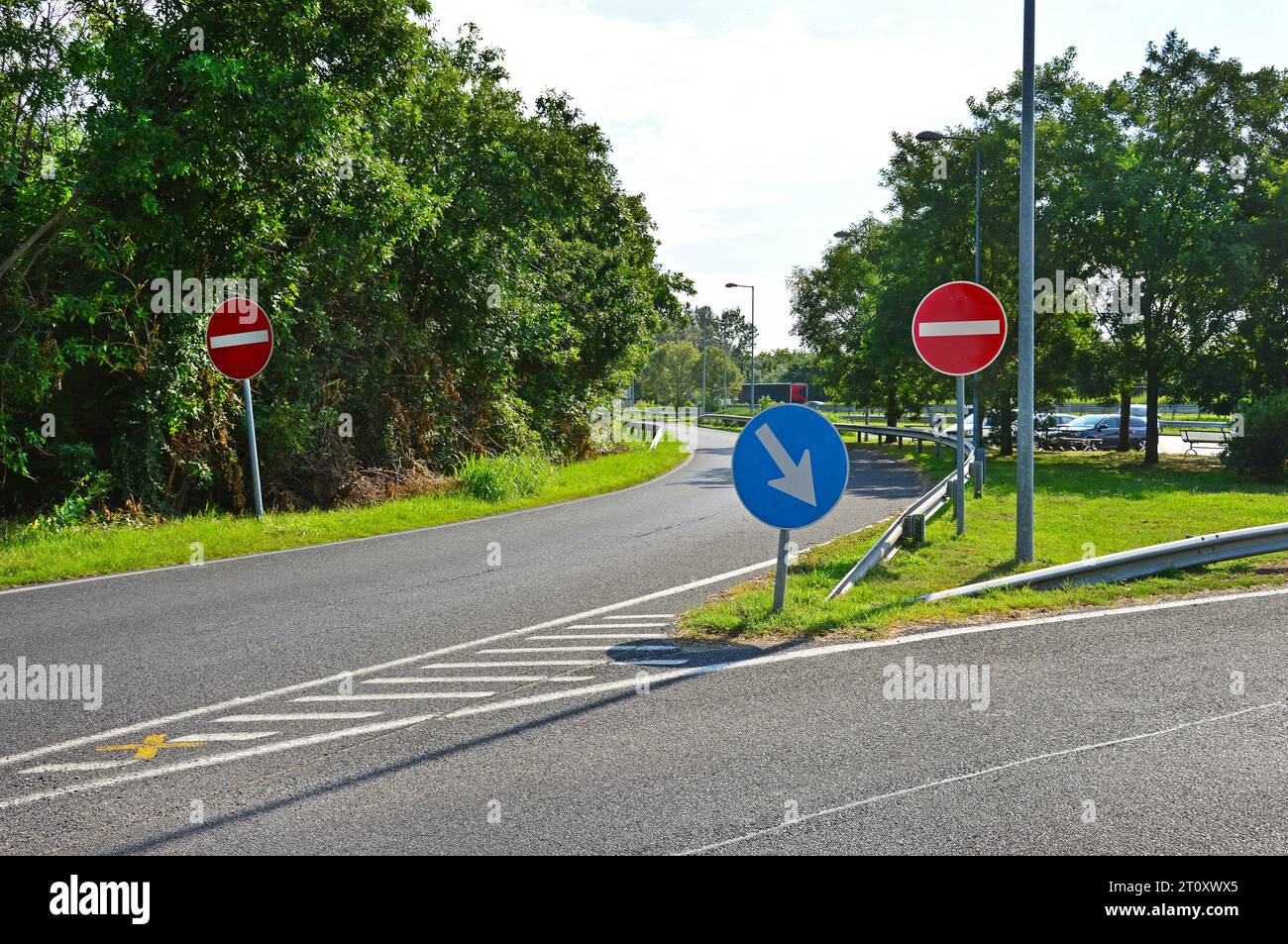 Road signs at the entrance to the parking lots on the freeway in ...