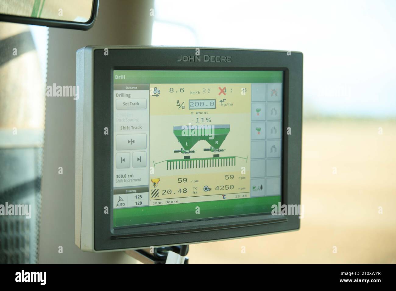 6th October 2023 Screen showing control panel to a John Deere drill ...