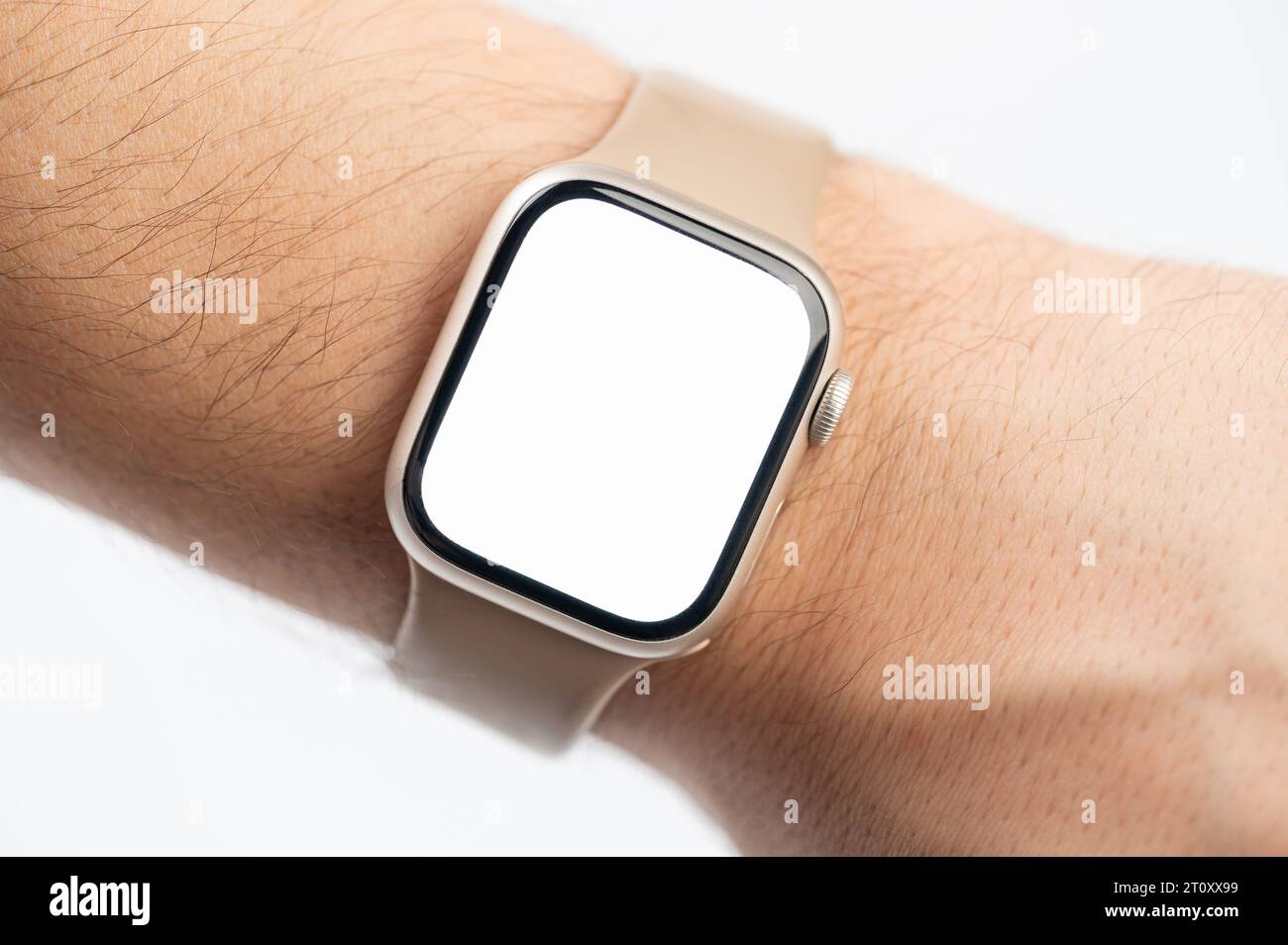 Smartwatch with empty screen on arm wrist isolated white studio ...