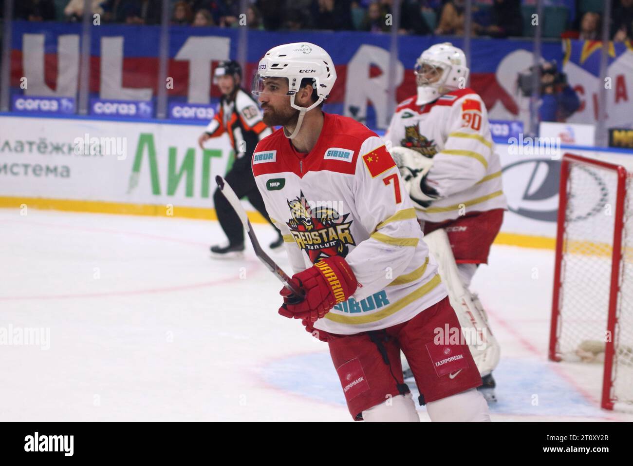 Kunlun Red Star Hockey Club player, Jake Chelios (7) seen in action ...