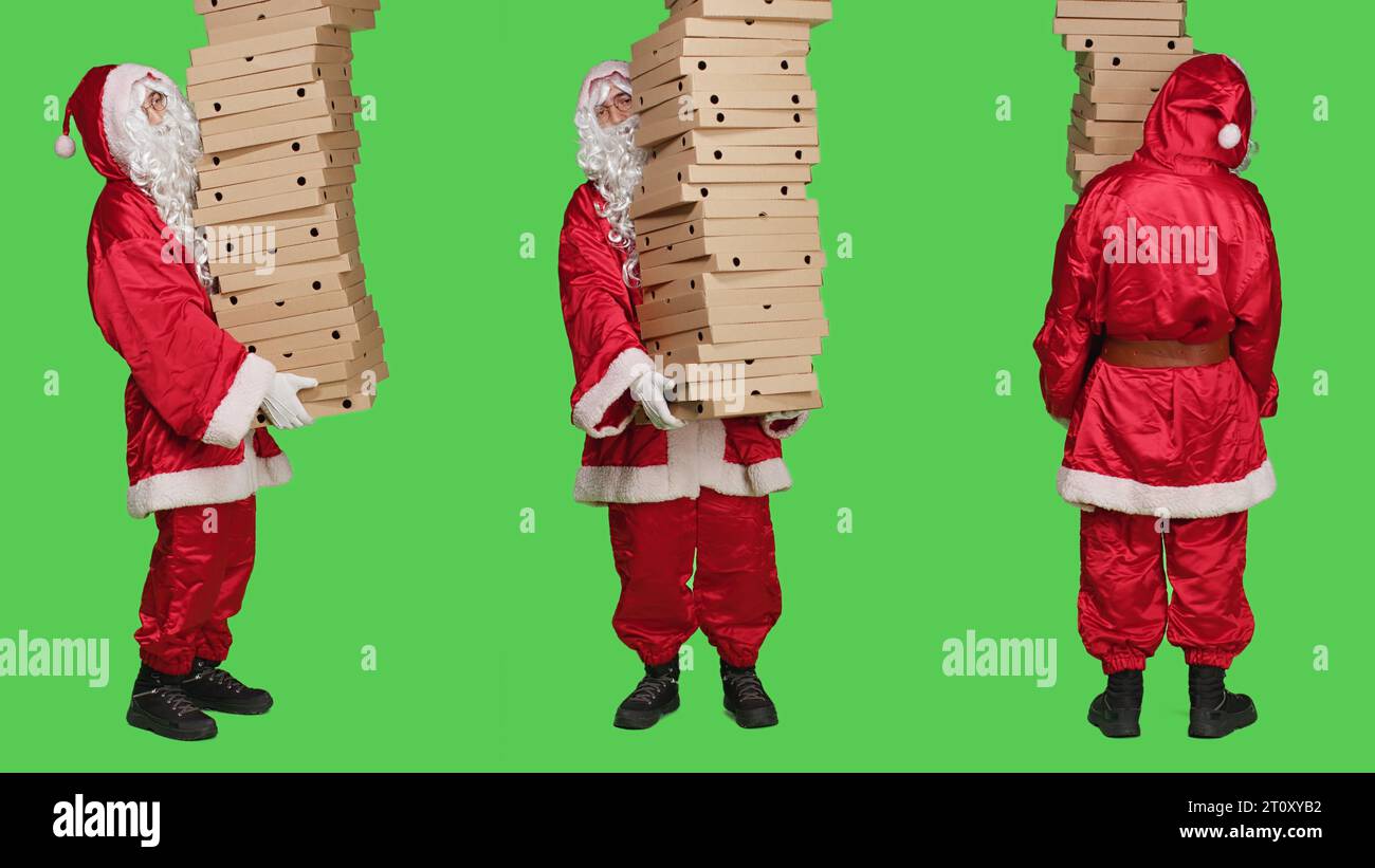 Saint nick holding pizza boxes, delivering huge pile of fast food over ...