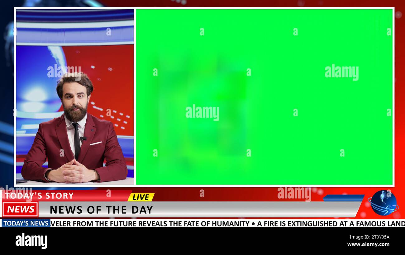 Presenter discusses breaking news using greenscreen template on ...