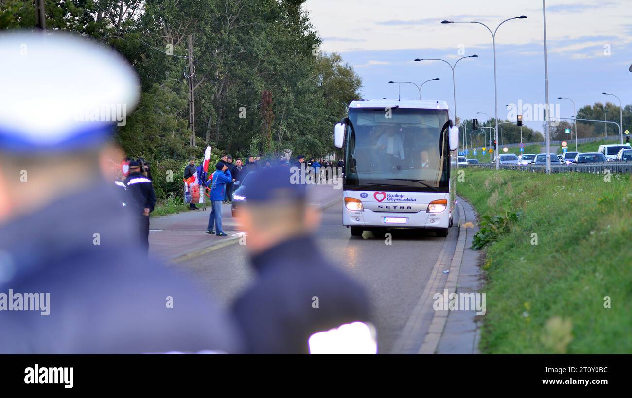 Warsaw, Poland. 9 October 2023.. Election bus of the civic coalition ...