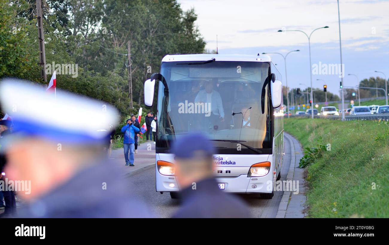 Warsaw, Poland. 9 October 2023.. Election bus of the civic coalition ...