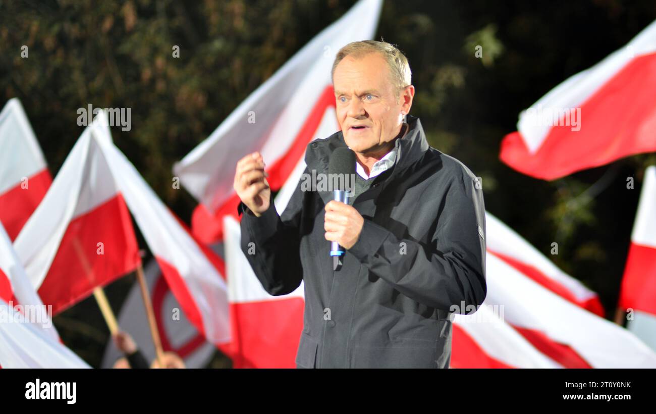 Warsaw, Poland. 9 October 2023. Donald Tusk speaks at an election rally ...