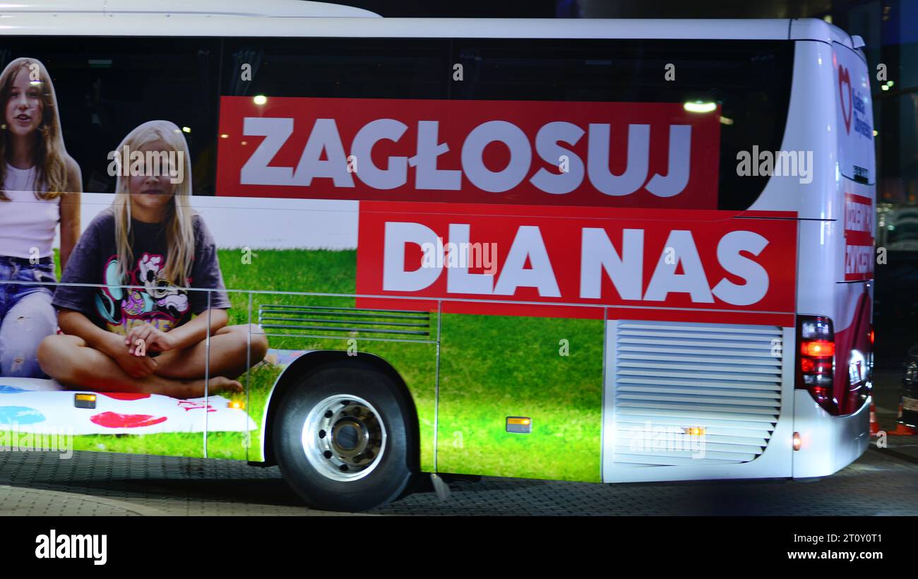Warsaw, Poland. 9 October 2023.. Election bus of the civic coalition ...