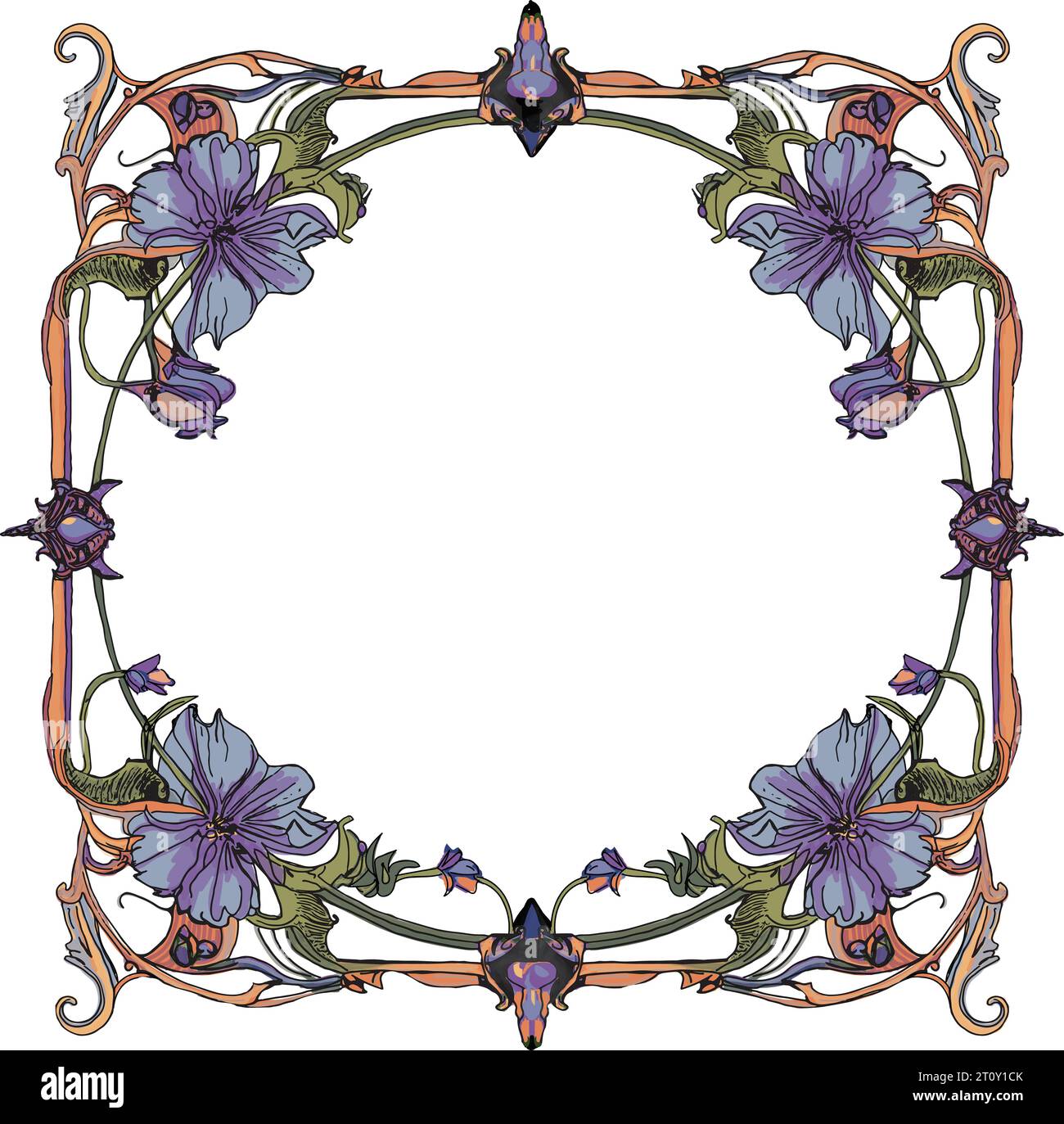 Periwinkle flower frame with leaf and vine details, round Stock Vector ...