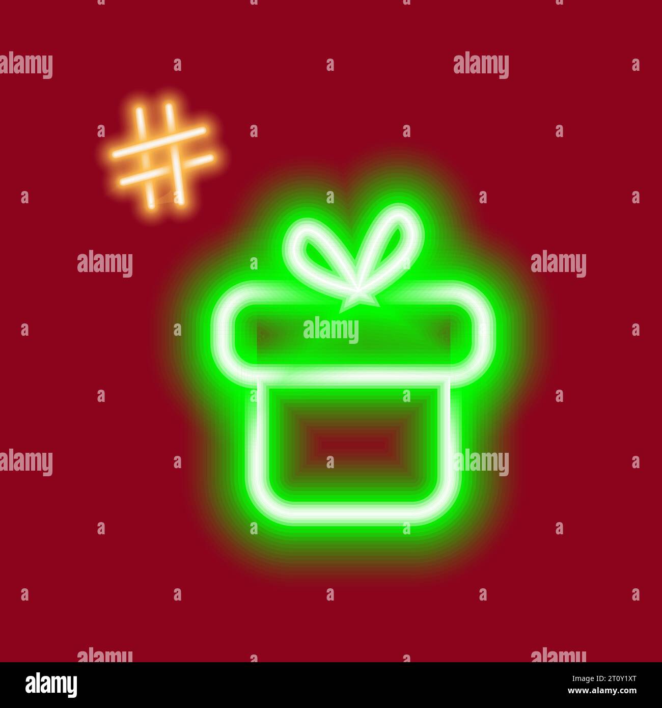 Neon image of gift box with hashtag sign. Design concept for Birthday ...