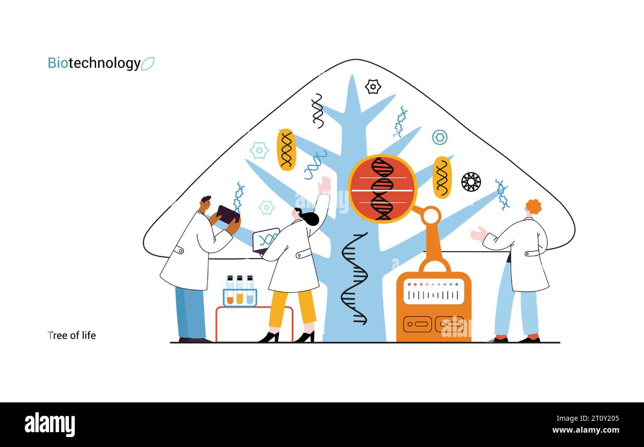 Bio Technology Tree Of Life Modern Flat Vector Concept Illustration Of Scientists Observing