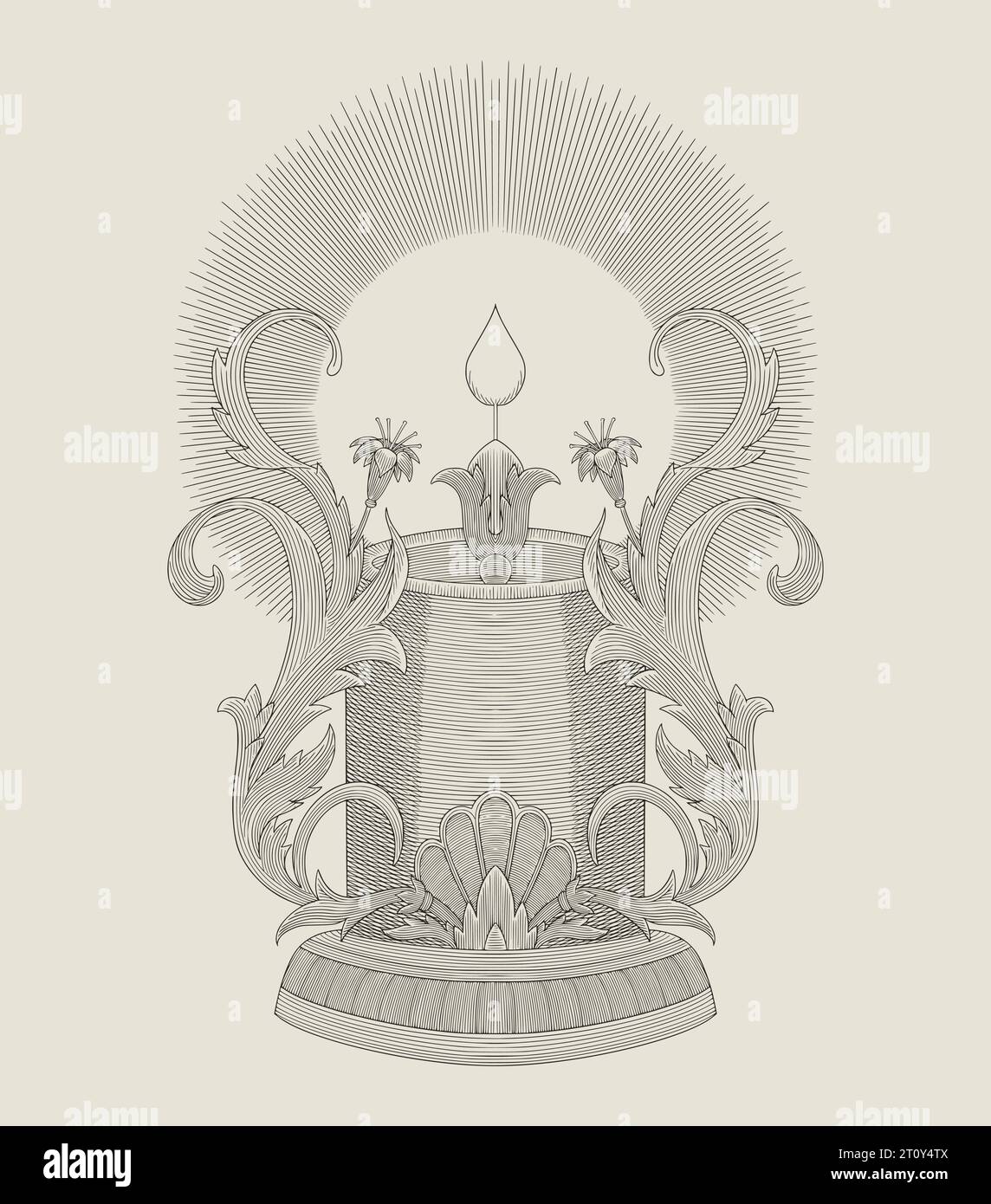 Candle with antique floral ornament and rays, Vintage medieval ...