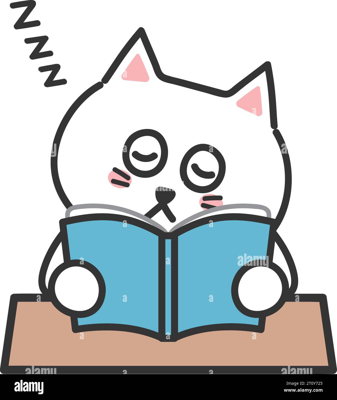 White cartoon cat falling asleep while studying with a book, vector ...