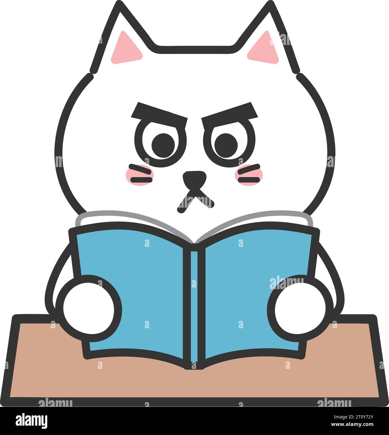 White cartoon cat reading a book thoroughly, vector illustration Stock ...