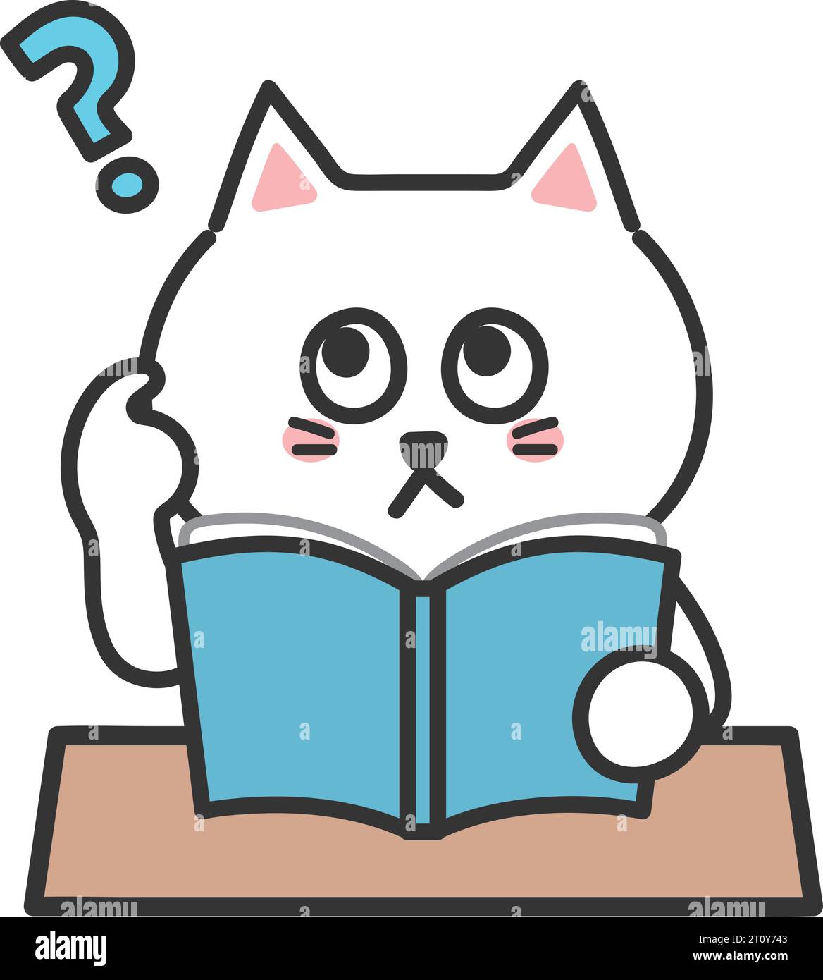 Wondering white cartoon cat studying with a book, vector illustration ...